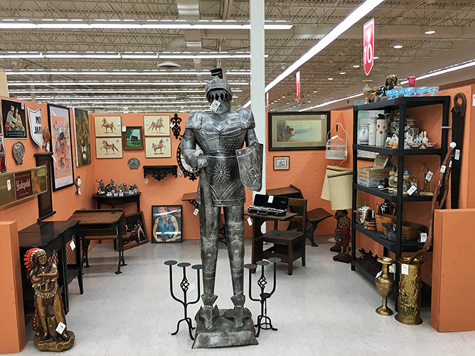 This magnificent metal knight stands guard over treasures fit for a castle&mdash;or perhaps your entryway, if you're feeling particularly medieval this Tuesday.