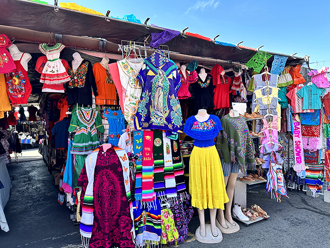 Vibrant traditional dresses and serapes create a rainbow of textile art. Cultural craftsmanship that transforms closets and brightens rooms with a single purchase.