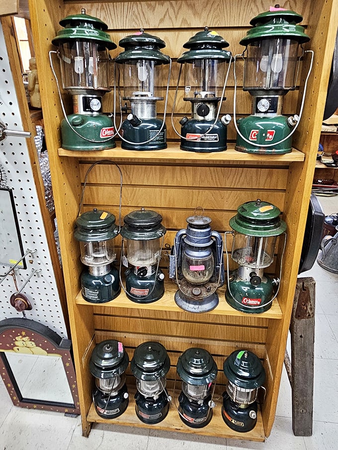 Coleman lanterns stand at attention, ready for their next adventure. These vintage camping companions have illuminated more family stories than any smartphone ever could. 