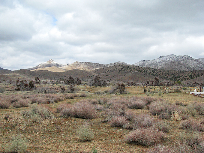Winter brings a rare dusting of snow to the high desert around Chloride, transforming the rugged landscape into something that feels almost otherworldly.