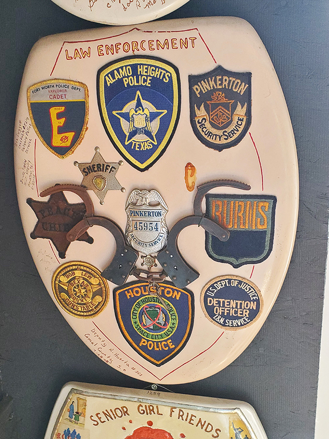 Law enforcement badges and memorabilia create a unique tribute to those who protect and serve.
