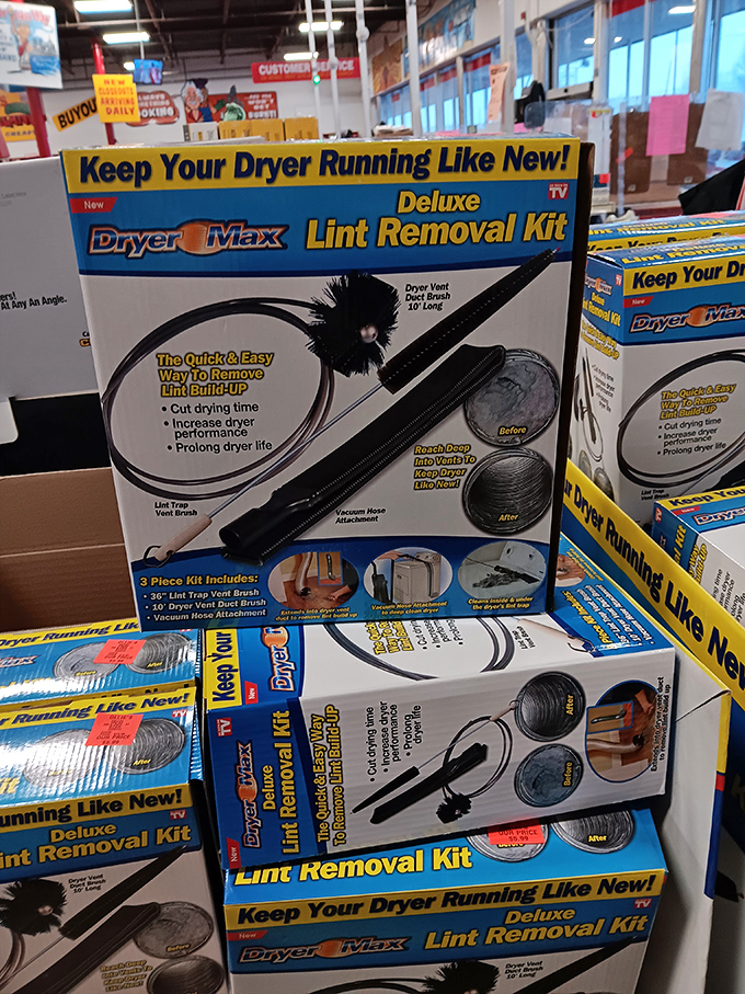 The "As Seen On TV" section delivers solutions to problems you didn't know you had&mdash;like this lint removal kit that promises dryer salvation.