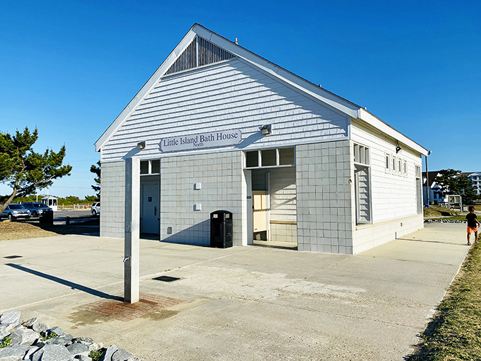 Little Island Bath House stands ready for sandy emergencies. Nothing says "authentic beach experience" like trying to change in a public restroom.