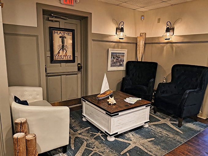 The waiting area's coastal-chic furniture and "Maine Lobster" sign remind you what you're here for before you even sit down.