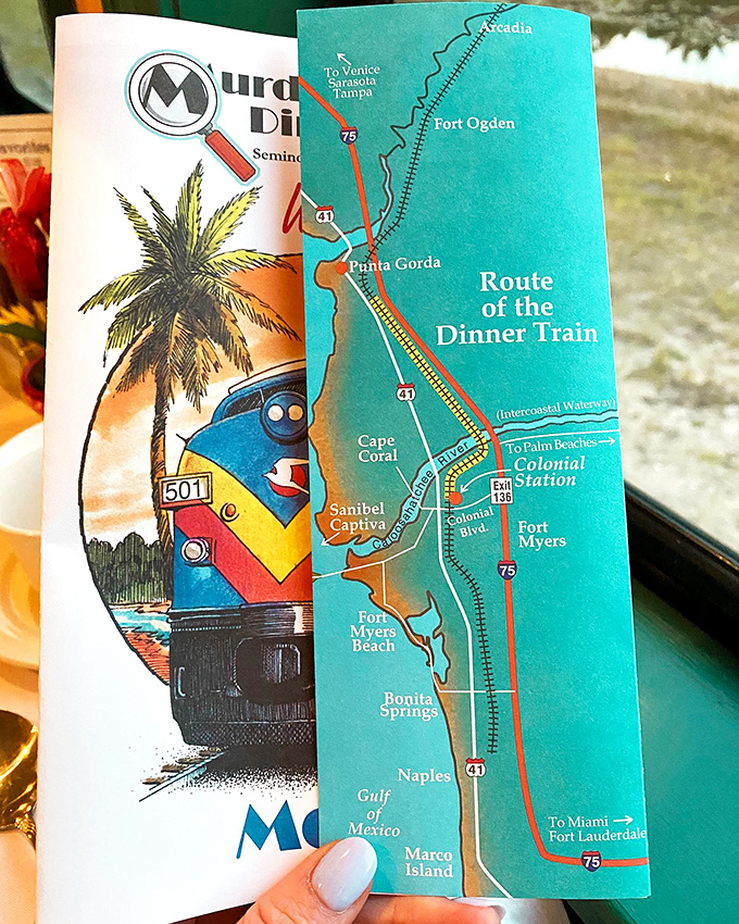 The route map reveals the dinner train's journey along Florida's Gulf Coast, a paper promise of scenic delights and culinary adventures ahead.