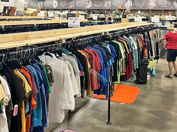 The men's department: where Hawaiian shirts that witnessed countless backyard barbecues await their next adventure with a new owner.