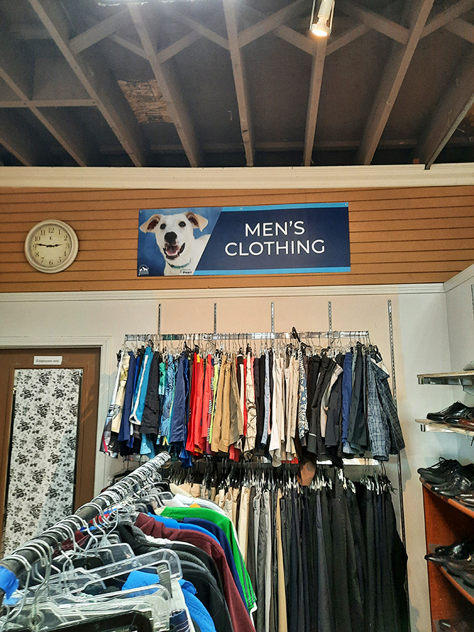 The men's department features a canine mascot who seems to say, "Yes, that Hawaiian shirt DOES look good on you."