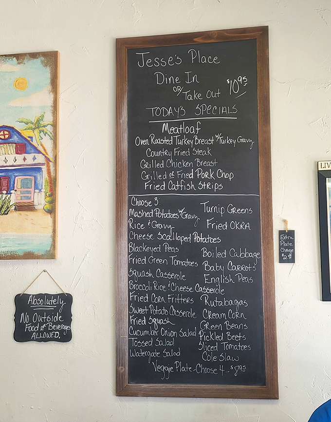 A chalkboard menu with more Southern sides than a Tennessee family reunion. Turnip greens, fried okra, and squash casserole? Yes, please.