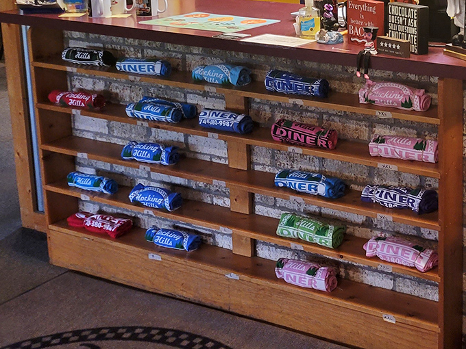 Souvenir mugs lined up like soldiers ready for coffee duty. Take home a piece of Hocking Hills without the calories.