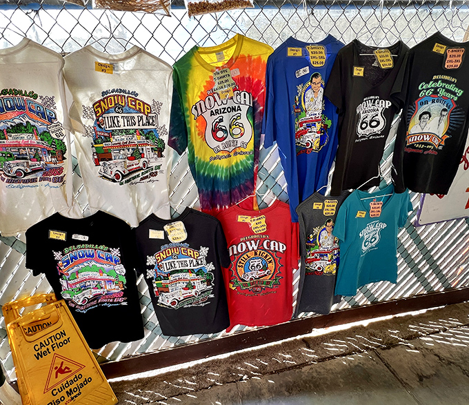Souvenir t-shirts that scream "I survived the Snow Cap experience!" louder than any postcard ever could. Tie-dye optional but highly recommended.