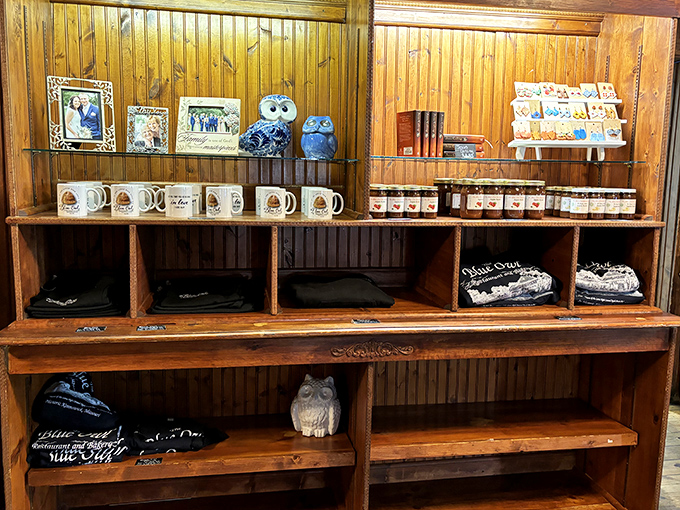 Owl-themed merchandise lets you take home a piece of The Blue Owl experience, though sadly, not as satisfying as taking home an actual pie.