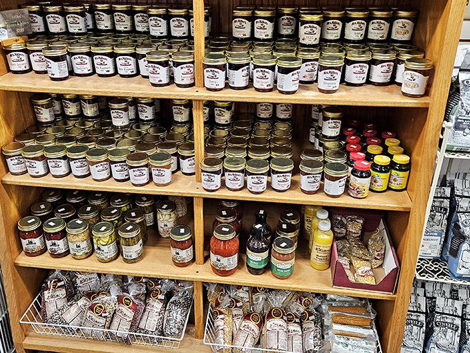 The jam and jelly section could make a minimalist break out in hives&mdash;shelves stocked with enough preserved fruit to survive any apocalypse in sweet style.