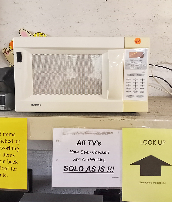 "All TVs have been checked" &ndash; the microwave stands ready for its second act in a new kitchen.