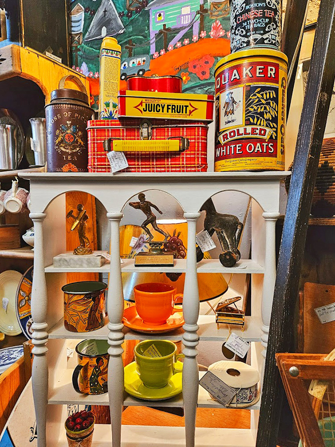 Vintage kitchen displays that make modern "farmhouse chic" look like amateur hour. That Juicy Fruit tin probably outlasted three family cars.