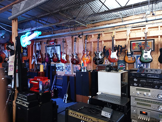 Rock 'n' roll corner where vintage guitars hang like trophies, each one with stories of riffs played and songs yet to be written.