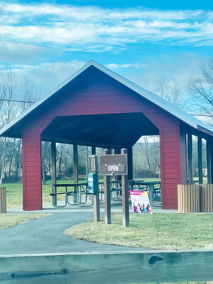 Beyond the bridge, a matching picnic pavilion invites visitors to linger longer. Pack a lunch and make a day of your historical adventure.