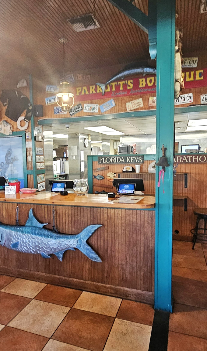 Where seafood dreams come true. This wooden counter with its Florida Keys sign isn't just a checkout&mdash;it's the gateway to deliciousness.