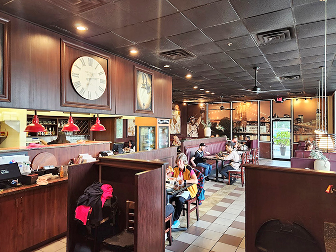 Classic diner ambiance with modern touches&mdash;where red pendant lights cast a warm glow over conversations and coffee refills flow freely.