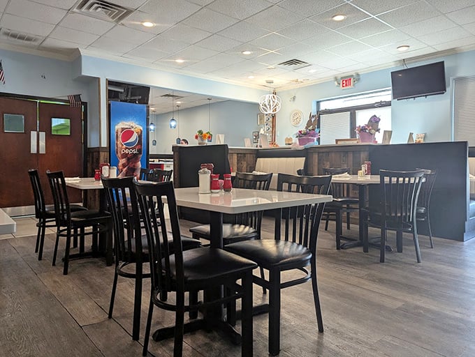 Clean lines, comfortable seating, and an atmosphere that invites you to linger over that second cup of coffee or slice of pie.