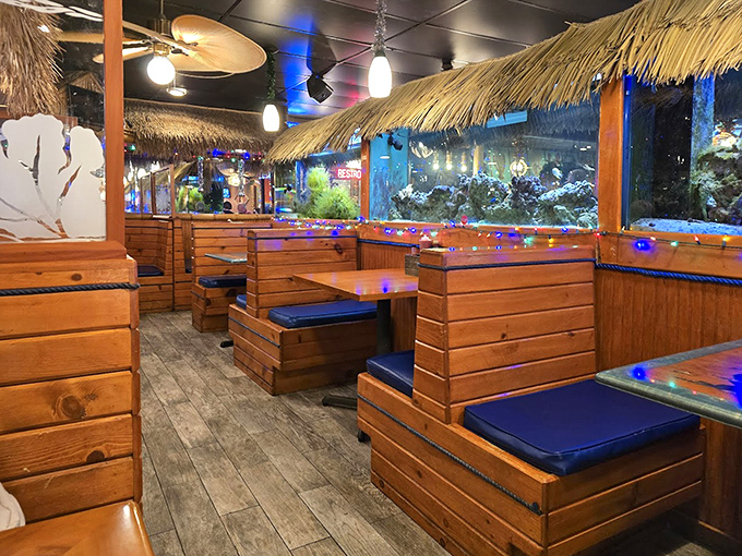 Tiki-inspired booths with blue cushions create the perfect "I'm on vacation even though I live 20 minutes away" atmosphere that Florida dining is all about.