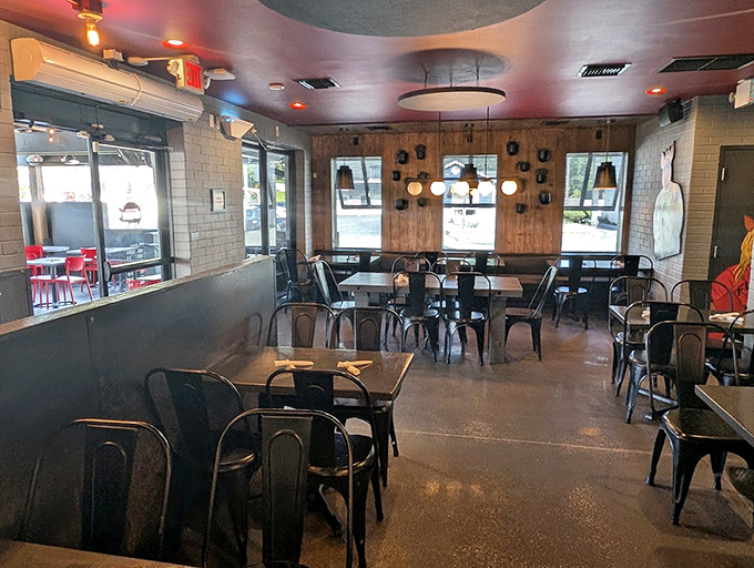 The dining room feels like the cool living room of that friend who always throws the best dinner parties. Industrial meets homey in perfect harmony.