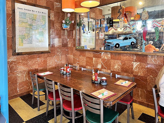 The diner's marbled walls and eclectic d&eacute;cor create a space that feels both timeless and distinctly Southwestern, right down to the map.