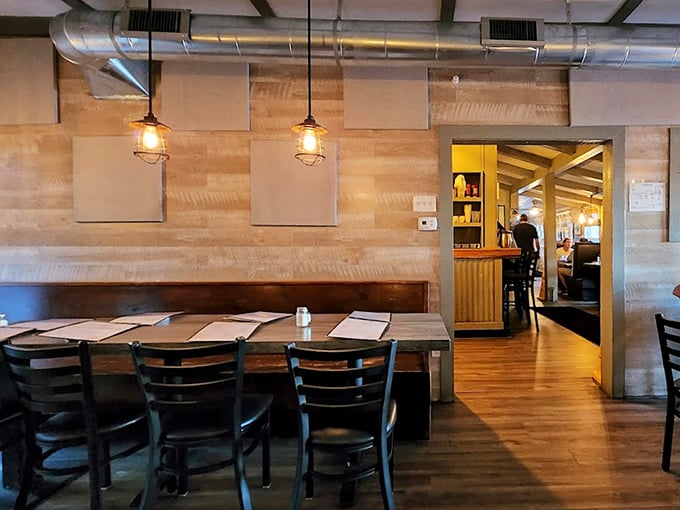 Industrial-chic meets coastal casual. Those acoustic panels aren't just for looks&mdash;they're saving your eardrums so you can focus on the flavors.