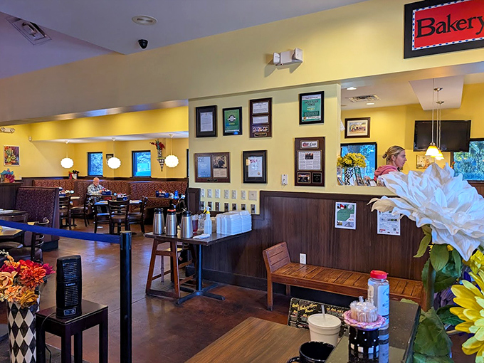 Yellow walls and awards create the perfect backdrop for coffee conversations that stretch pleasantly into the late morning hours.
