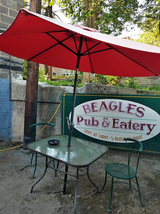 The sign points to Beagles Pub & Eatery nearby &ndash; Tunkhannock's food scene offers more treasures for those willing to explore.