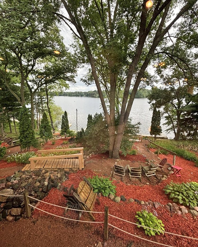 Nature and nurture combine in this lakeside seating area where Adirondack chairs invite you to digest while watching the sunset.