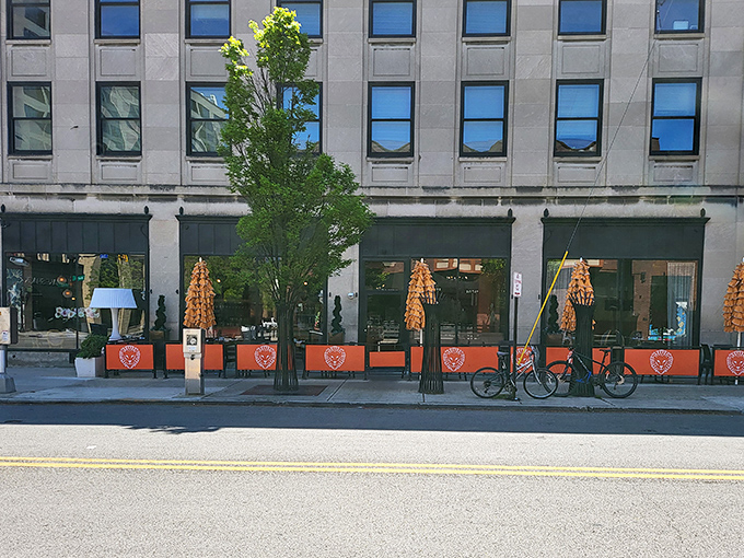 Outdoor dining with Forno's signature orange touches brings a splash of Mediterranean warmth to High Street, even on cloudy Ohio days.