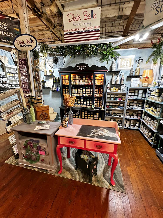 The Dixie Belle paint display is like a candy store for furniture refinishers. That coral desk is begging to become the star of someone's home office makeover.