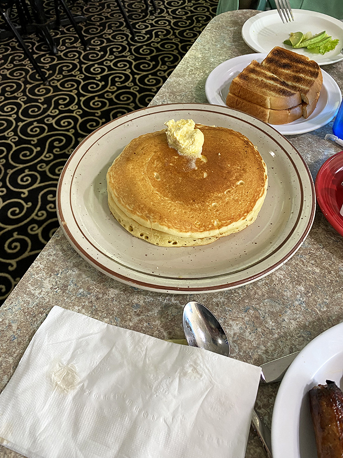 A pancake so perfectly golden it belongs in Fort Knox. That pat of butter melting in the center is performing a slow dance that deserves its own soundtrack.