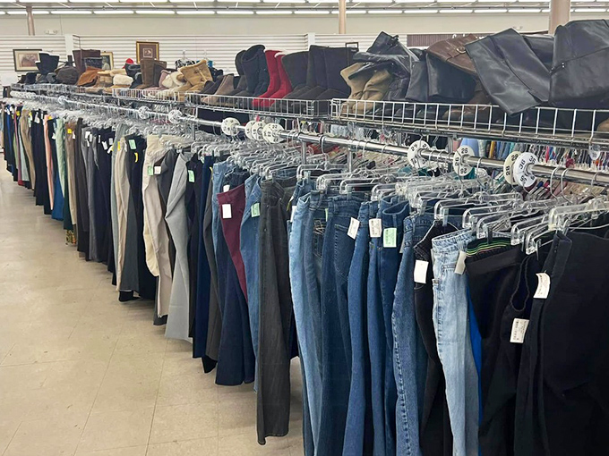 A denim rainbow stretches across the pants section, proving that someone else's "these don't fit anymore" becomes your perfect pair.