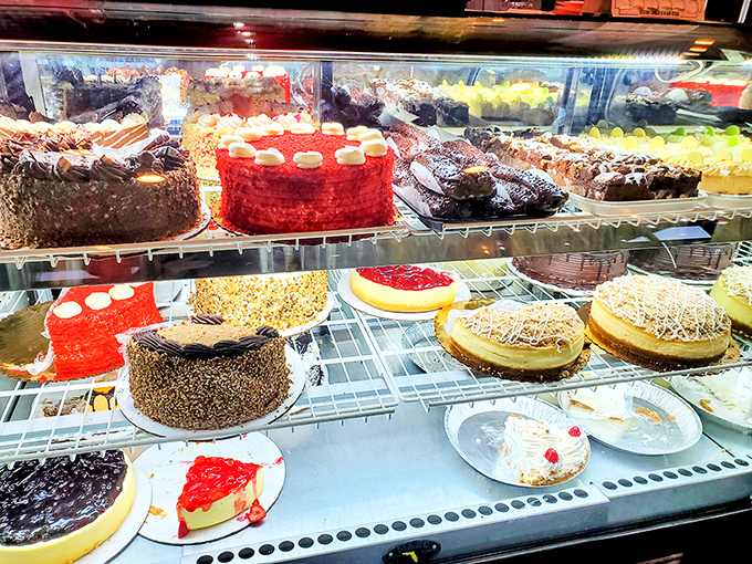 The dessert case &ndash; where diets go to die and birthday wishes come true. Each cake a monument to the art of indulgence.