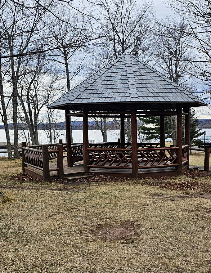 The charming gazebo provides the perfect frame for watching Lake Superior's ever-changing moods unfold.
