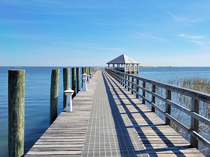This wooden pier stretches toward the horizon like nature's runway, leading to a gazebo perfect for contemplating life's big questions &ndash; or just today's catch.