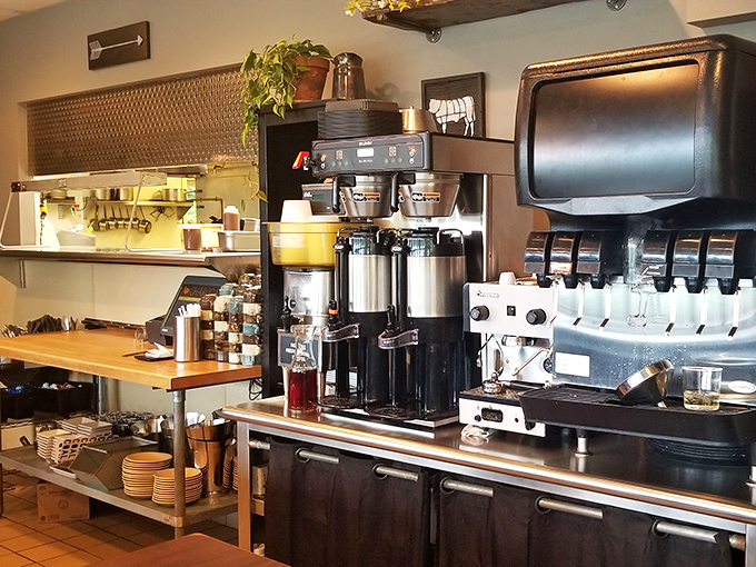 Behind every great restaurant is a meticulously organized prep station. The coffee setup alone tells you these people take their craft seriously.
