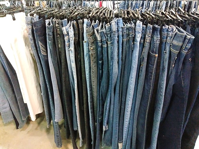 Denim for days! Every wash, size, and style imaginable hangs in perfect formation, waiting for their second chance at fashion glory.