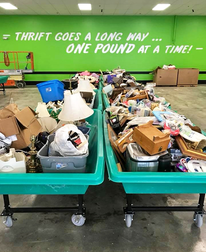 "Thrift goes a long way... one pound at a time!" The store's philosophy spelled out above an ocean of household possibilities.
