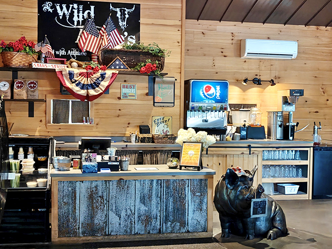 The counter area showcases Wild Annie's patriotic spirit, complete with a decorative bulldog standing guard over the day's offerings.