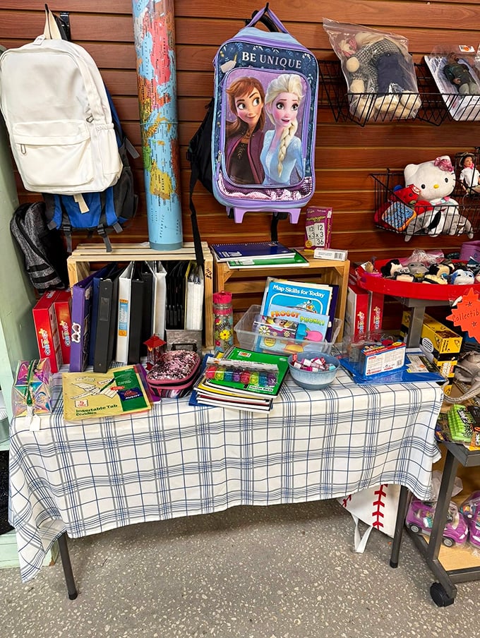 Childhood nostalgia meets practical parenting as gently-used toys and school supplies await their next adventure with fresh imaginations.