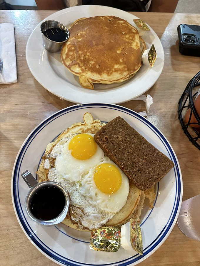 When pancakes meet eggs and bacon, magic happens on plates designed for serious breakfast business.
