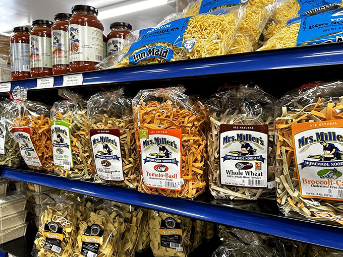 Mrs. Miller's noodles line up like soldiers ready for dinner duty. These aren't your average pasta aisle offerings.