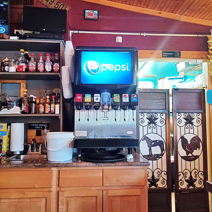 That soda fountain stands ready to fuel your journey through breakfast mountain.