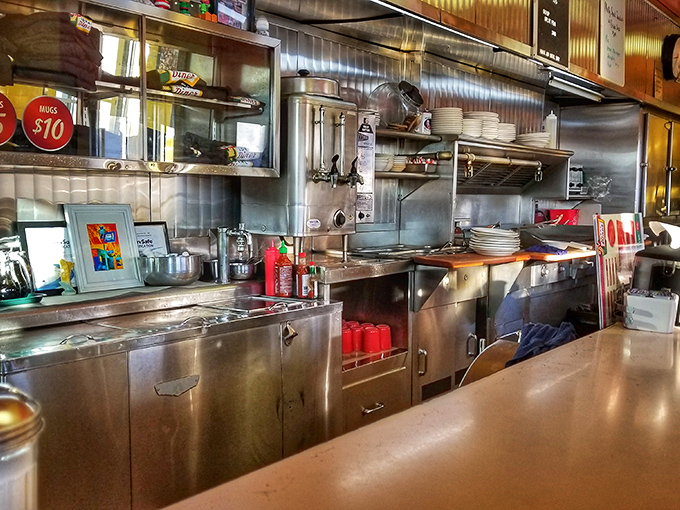 The kitchen where breakfast magic happens. No molecular gastronomy or liquid nitrogen here&mdash;just decades of experience and well-seasoned cooking surfaces.