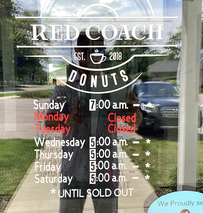 The hours sign reveals the bakery's most honest truth: they stay open "until sold out." Translation: come early or live with regret.