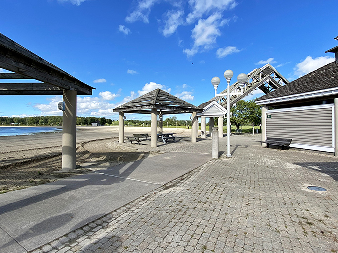 Beach pavilions provide welcome shade for picnickers, with Lake Erie's inviting waters just steps away from your sandwich.
