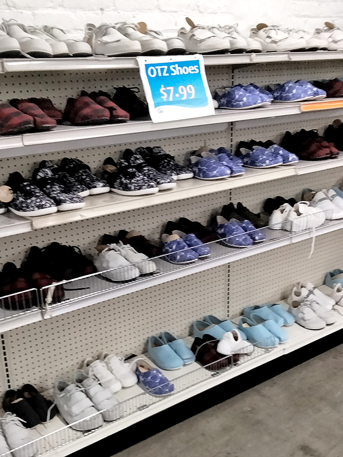 Shoe section: where your feet can find new friends at prices that won't make your wallet cry. Those blue slippers are practically begging to come home with you.
