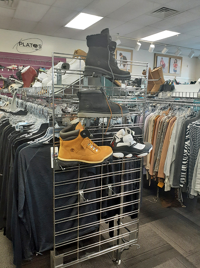 Boots displayed like trophies of fashion victories—Timberland and UGGs mingling democratically on the same rack.